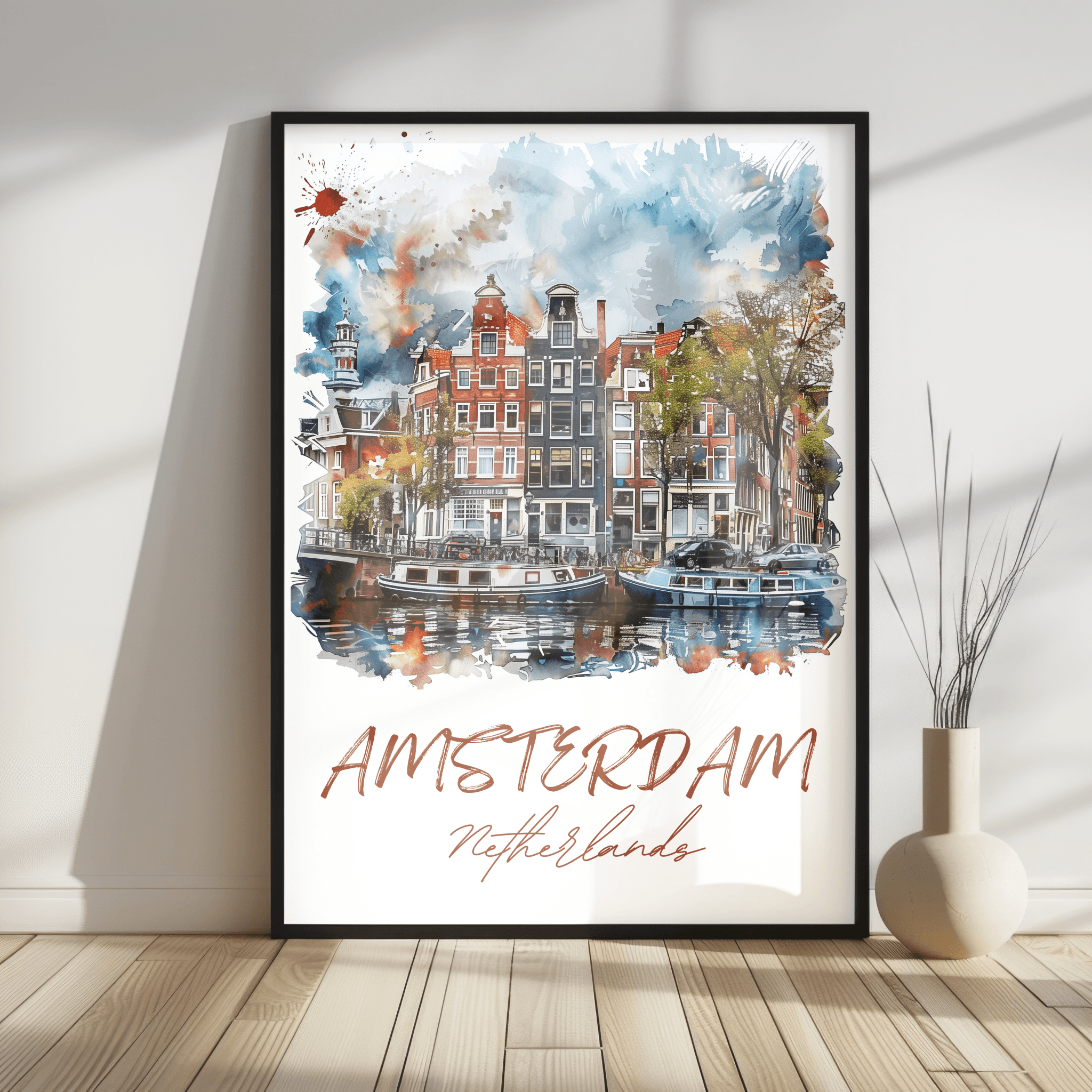 Amsterdam, Netherlands - Watercolor Canal View | Wanderlust Posters
